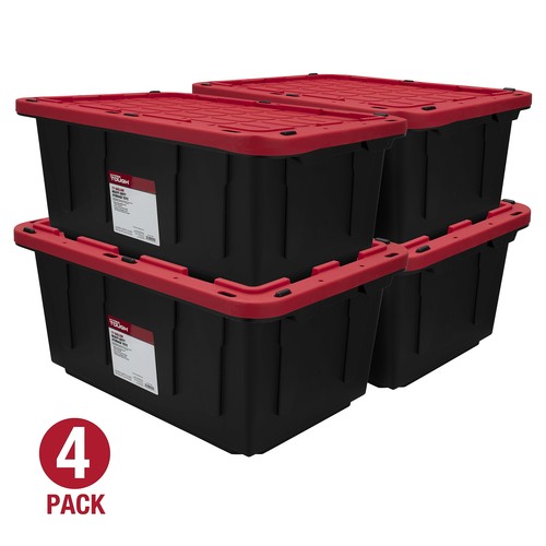 Hyper Tough 17 Gallon Snap Lid Plastic Storage Bin Black/Red Set of 4 ...