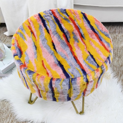 Luxury Plush Multi Jacquard Faux Fur Ottoman Round Foot Rest Stool for ...