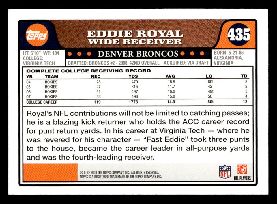 Eddie Royal 2008 Topps Rookie Card #435 Denver Broncos | eBay