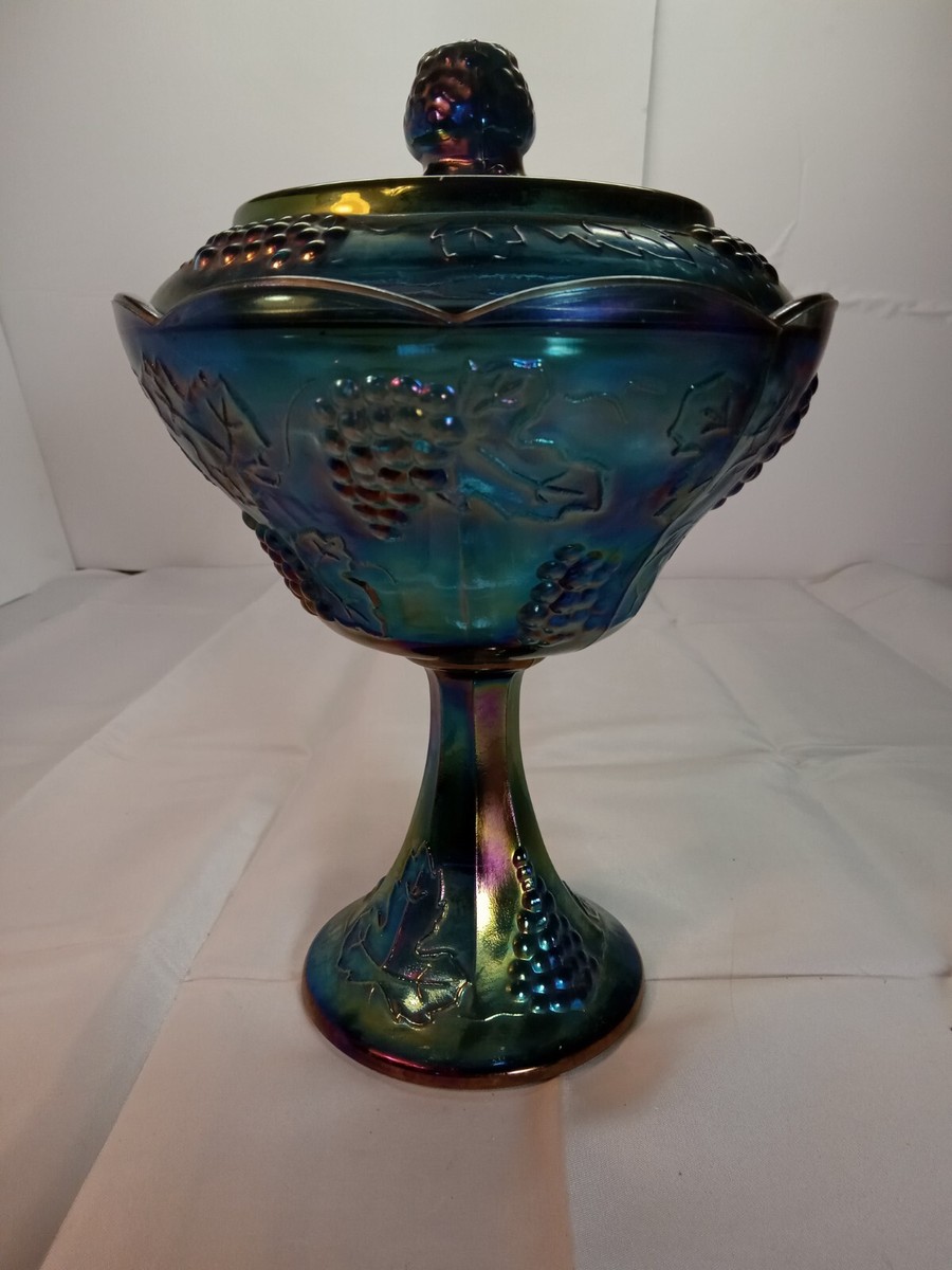 Vintage Blue Carnival Glass Covered Pedestal Candy Dish Contemporary