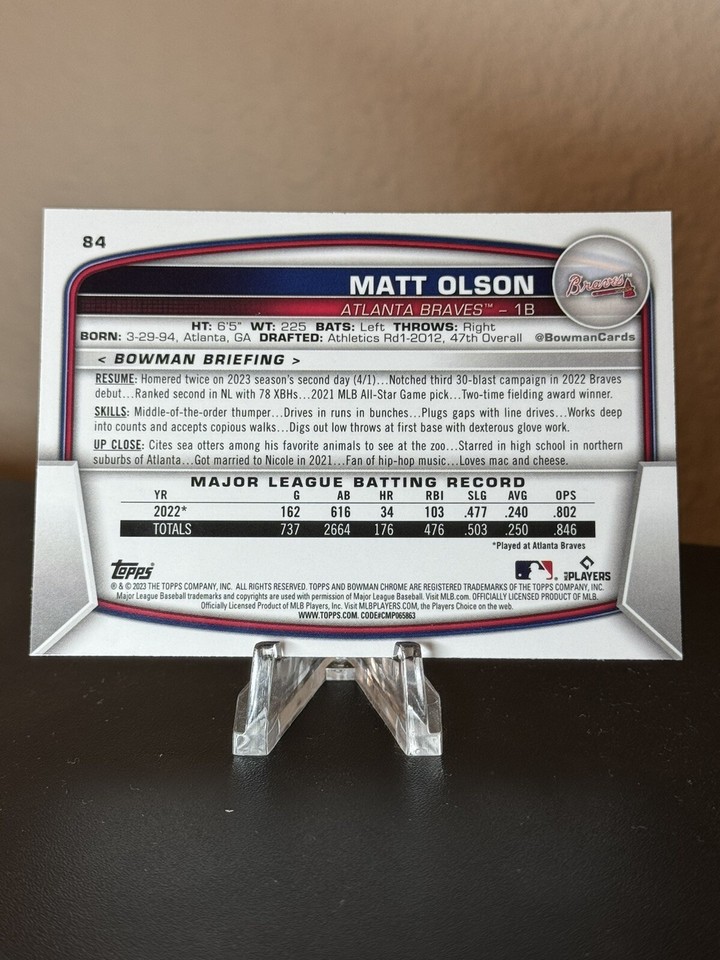 2023 Bowman Chrome Base Set #84 Matt Olson - Baseball Card - Atlanta ...