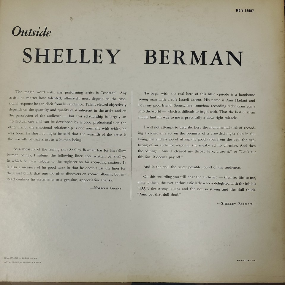 Shelley Berman Outside Shelley Berman Verve Records MG V-15007 33 RPM ...