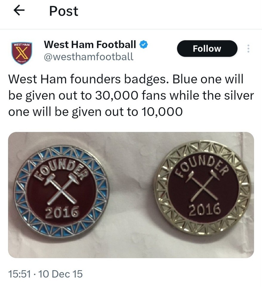 West Ham Utd Founder Badge - RARE 30k MADE Limited Edition | eBay UK