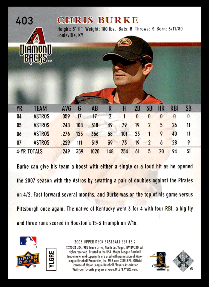 2008 Upper Deck Chris Burke #403 Arizona Diamondbacks MLB Baseball | eBay