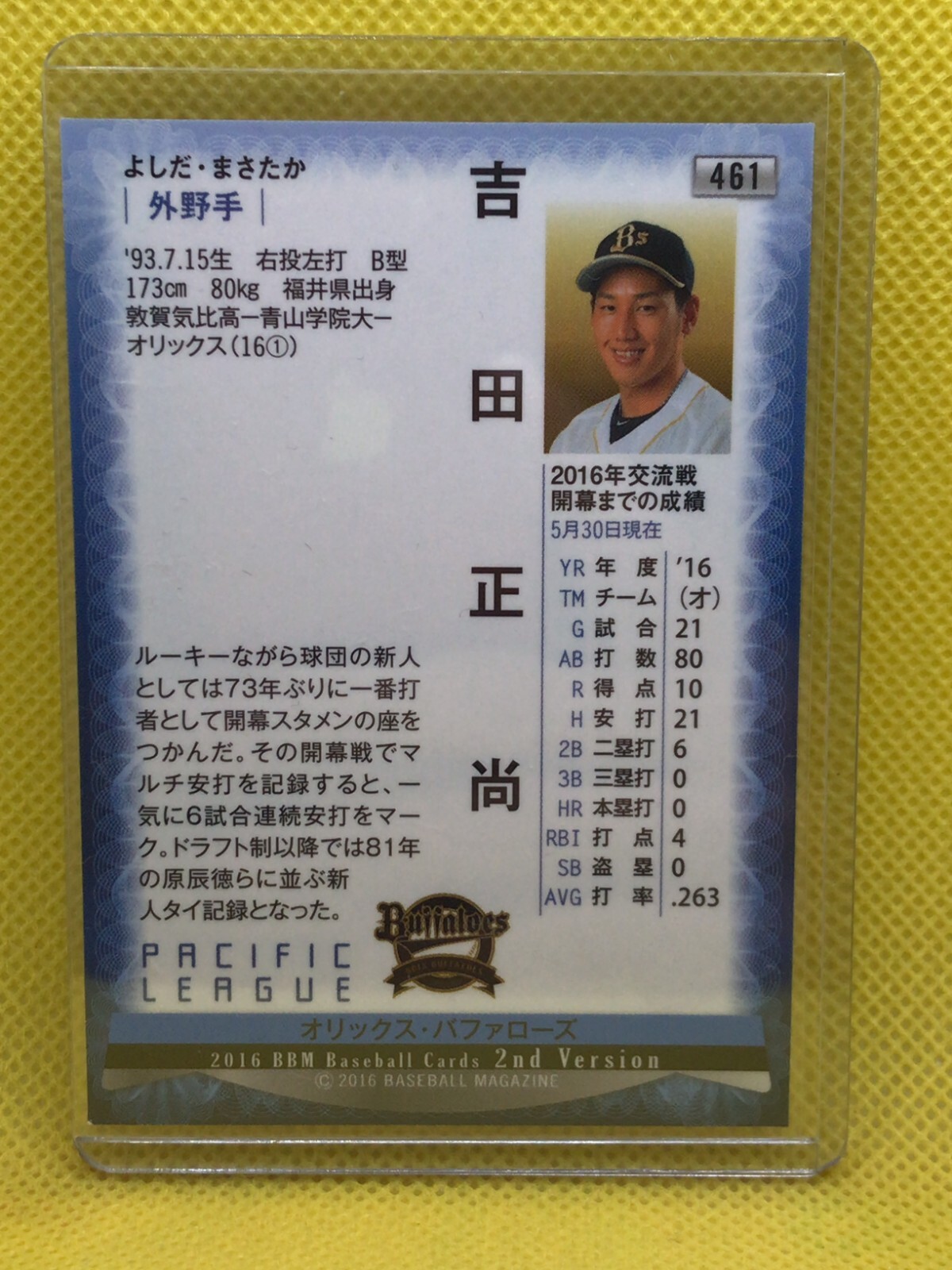 MASATAKA YOSHIDA 2016 BBM card 2nd version #461 ROOKIE rare ORIX BUFFALOES | eBay