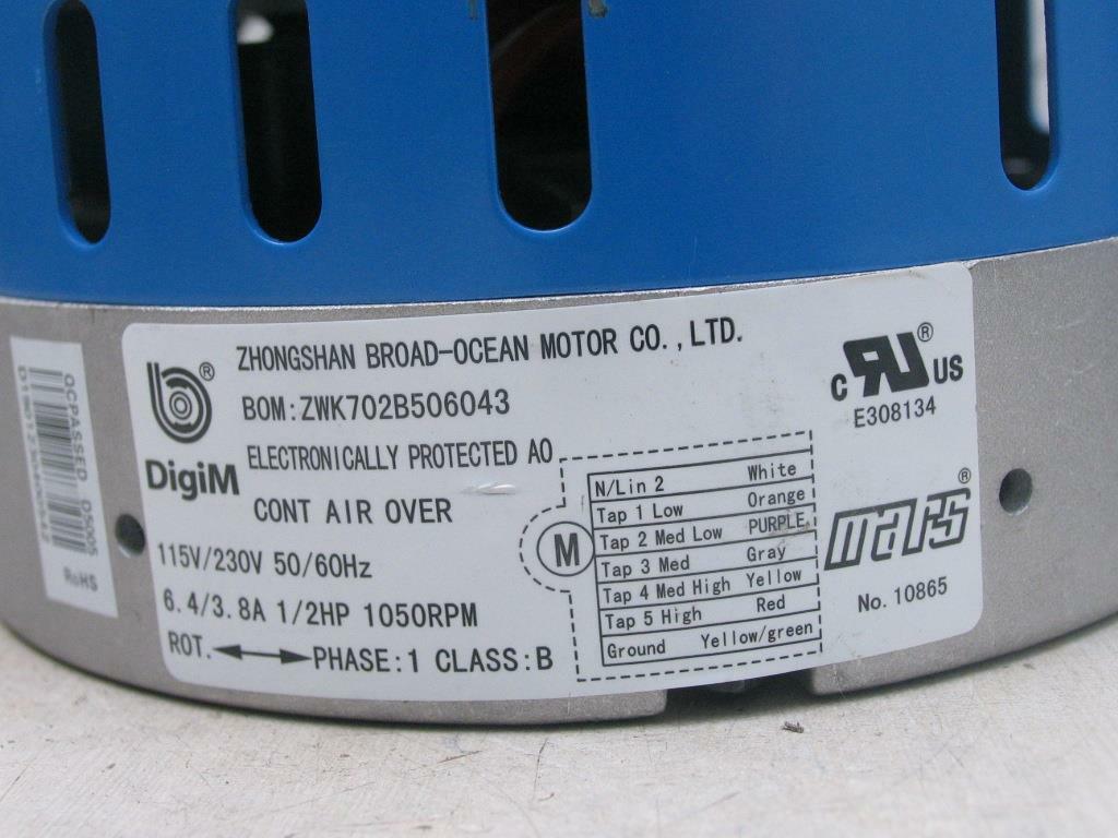 BROAD-OCEAN ZWK702B506043 DigiM Blower Motor 115V/230V 1/2HP 1050RPM ...