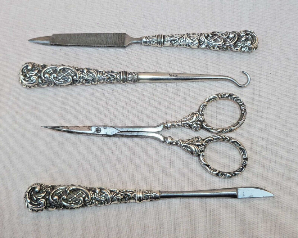 ANTIQUE BOXED REPOUSSE SILVER MANICURE SET TOOLS – BUTTON HOOK ...