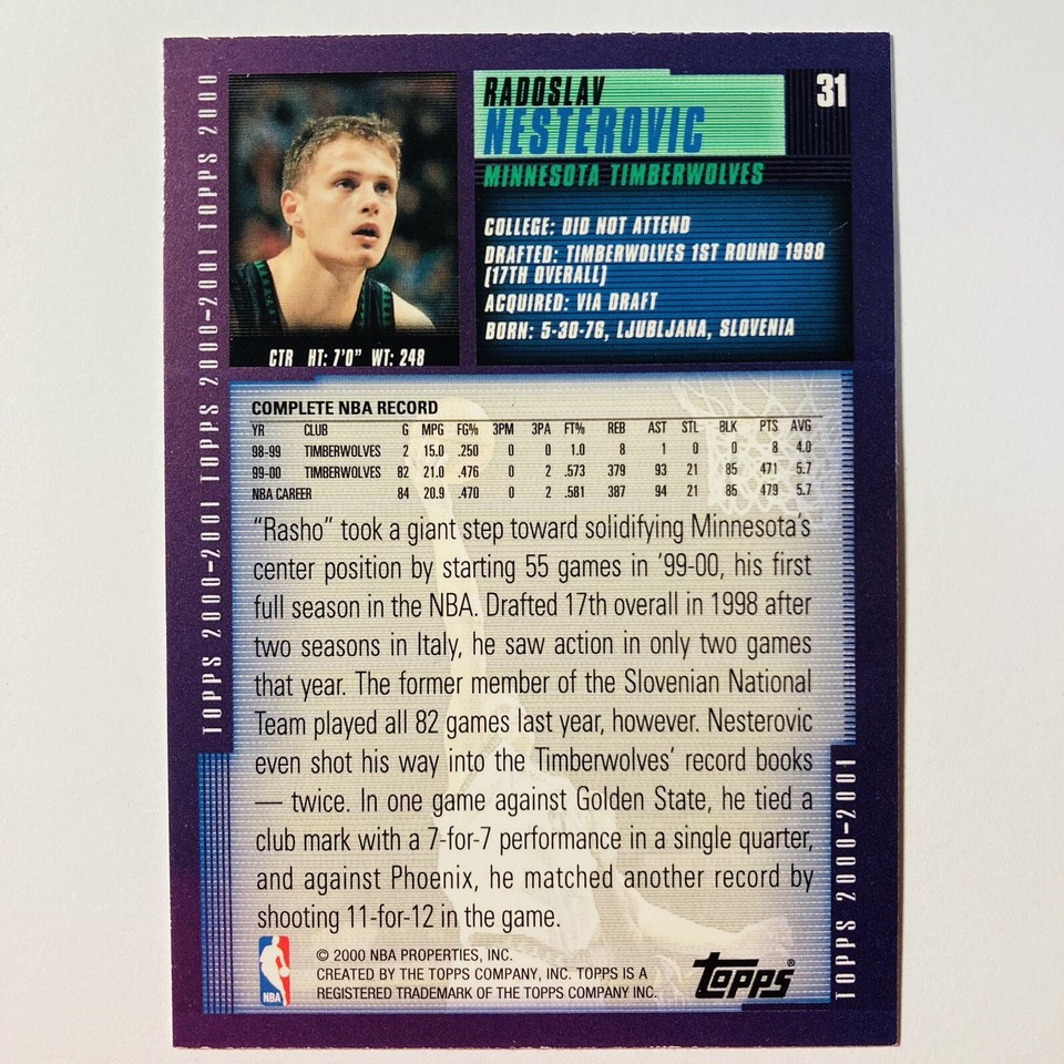 2000-01 Topps Minnesota Timberwolves Basketball Card #31 Radoslav ...