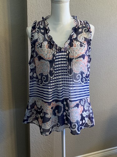 CAbi PEPLUM BLOUSE Navy White Paisley Stripe Sleeveless Top Small ...