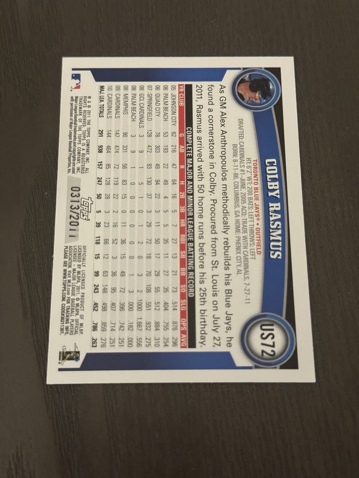 2011 Topps Update Gold Parallel /2011 #US72 COLBY RASMUS Toronto Blue ...