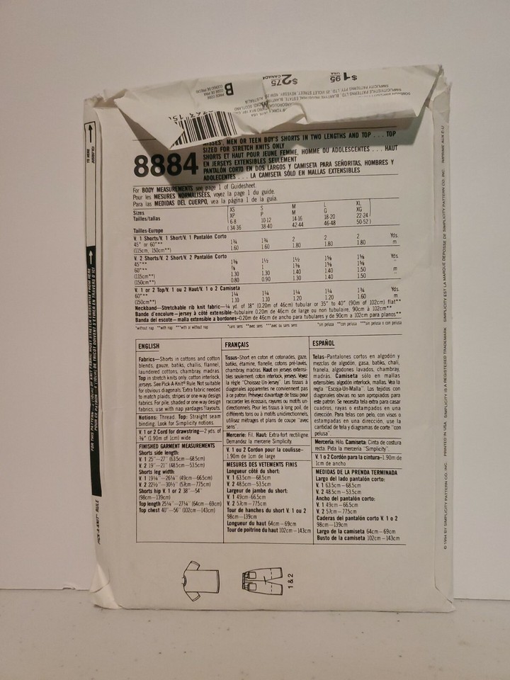Simplicity Easy Sewing Pattern 8884 Xs-Xl Misses Mens Teen Shorts Top ...