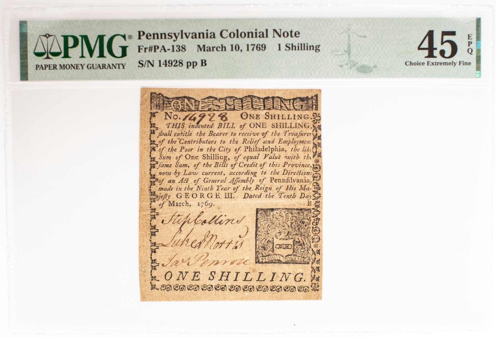 Fr. PA-138, March 10, 1769, 1 Shillings, PA Colonial Currency, PMG ...
