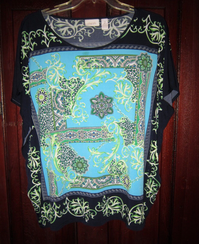Chico's Sz 2 L Stretch Top Blouse Shirt Poncho Ethnic Print Black Teal Polyester | eBay UK