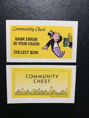 Monopoly Deluxe Edition 1995 BANK ERROR IN YOUR FAVOR Community Chest ...