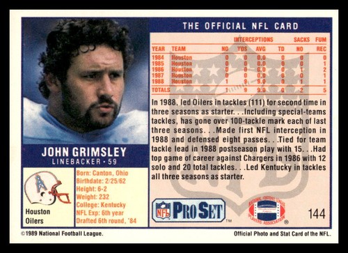 1989 Pro Set 144 John Grimsley Houston Oilers Football Card | eBay