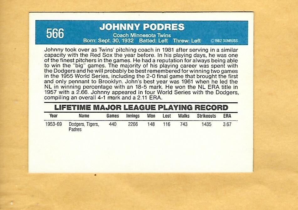 1982 donruss # 566 [ two ] JOHNNY PODRES twins coach NM | eBay