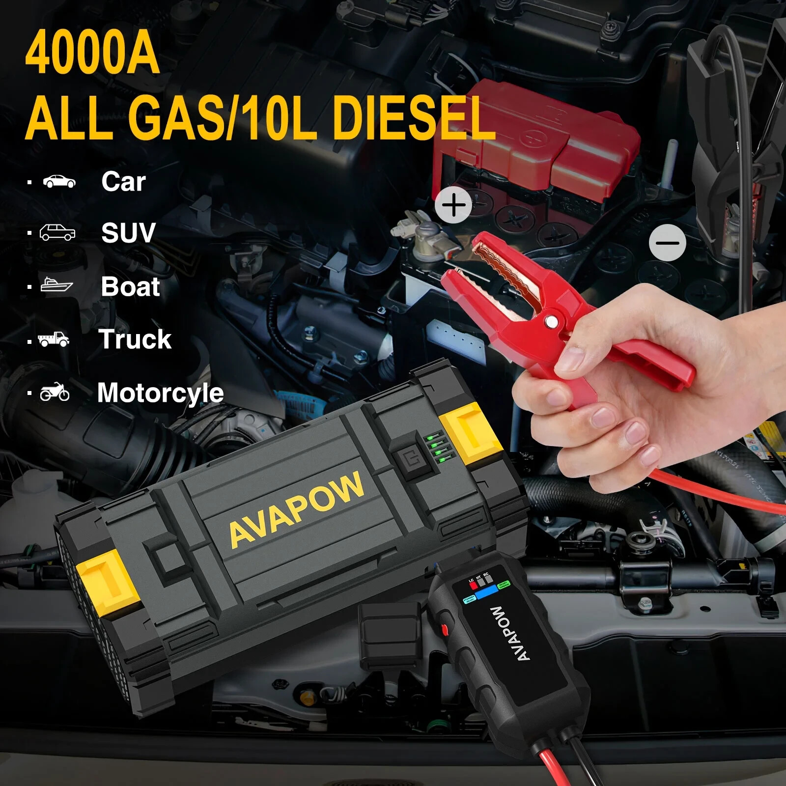 AVAPOW Car Jump Starter, 4000A Peak 27800mAh 12V Jump Battery Charge 3. ...