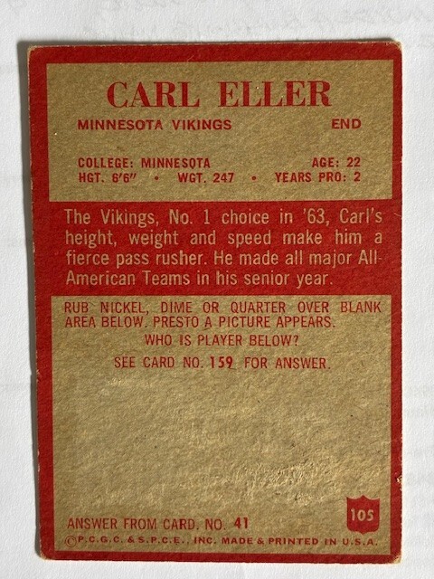 1965 PHILADELPHIA #105 CARL ELLER RC MINNESOTA VIKINGS NFL HOF EX? | eBay