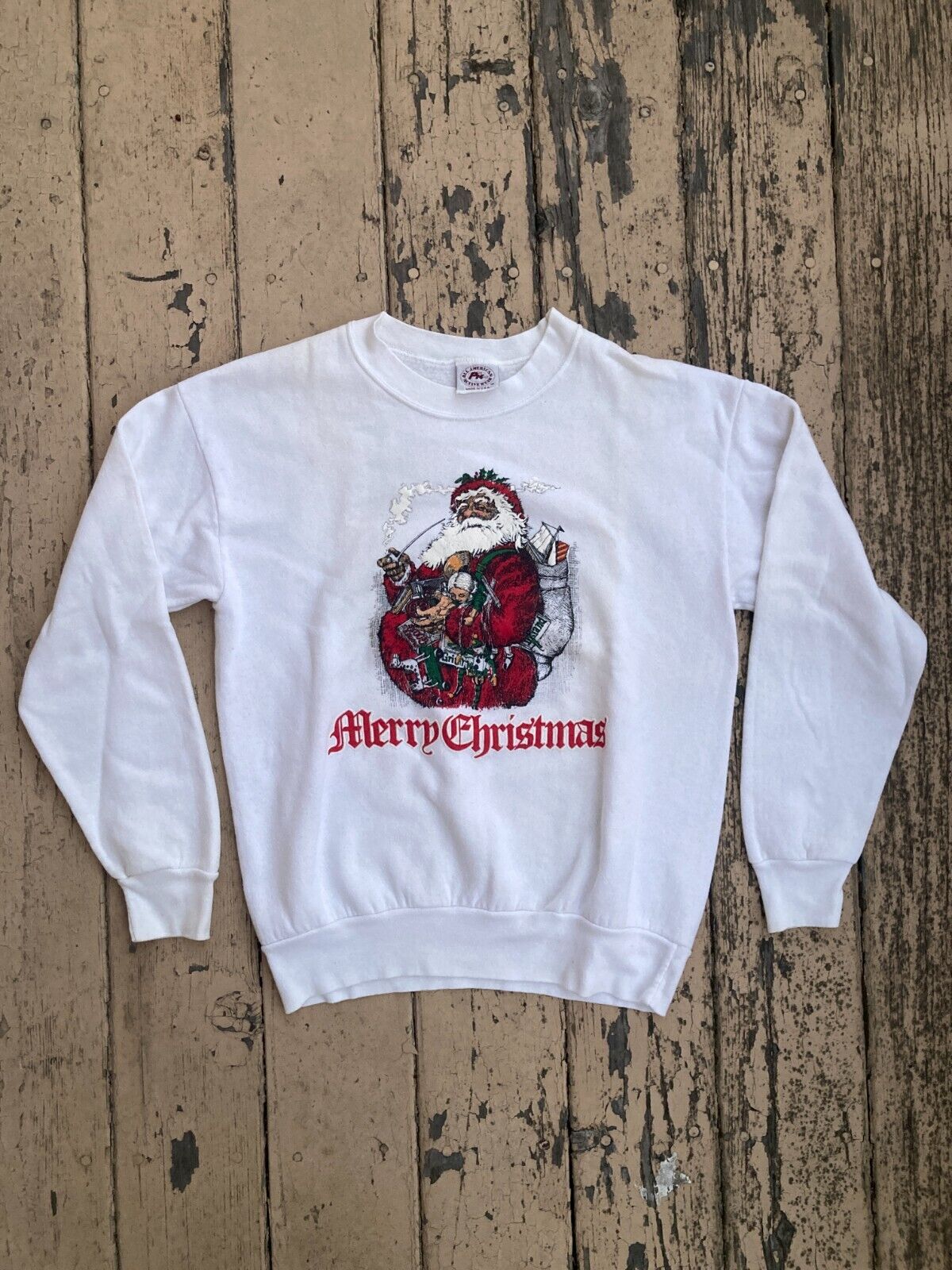 Vintage 80s Santa Claus Merry Christmas White Crewnec… - Gem
