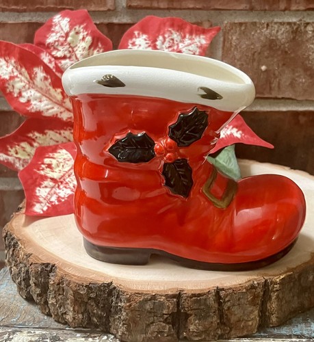 Vintage LEFTON Christmas Red Santa Boot Planter w/ Holly Christmas ...