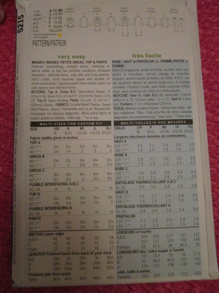 BUTTERICK 5215 MISSES' PULLOVER DRESS TOP PANTS Easy SEW PATTERN Sz 6 ...