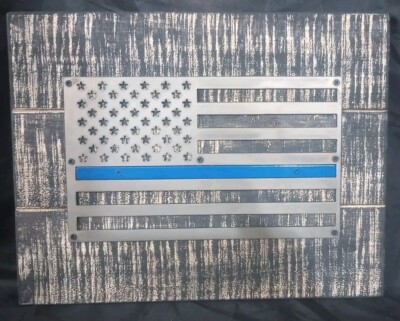 Blue Line Metal American Flag On Wood | eBay