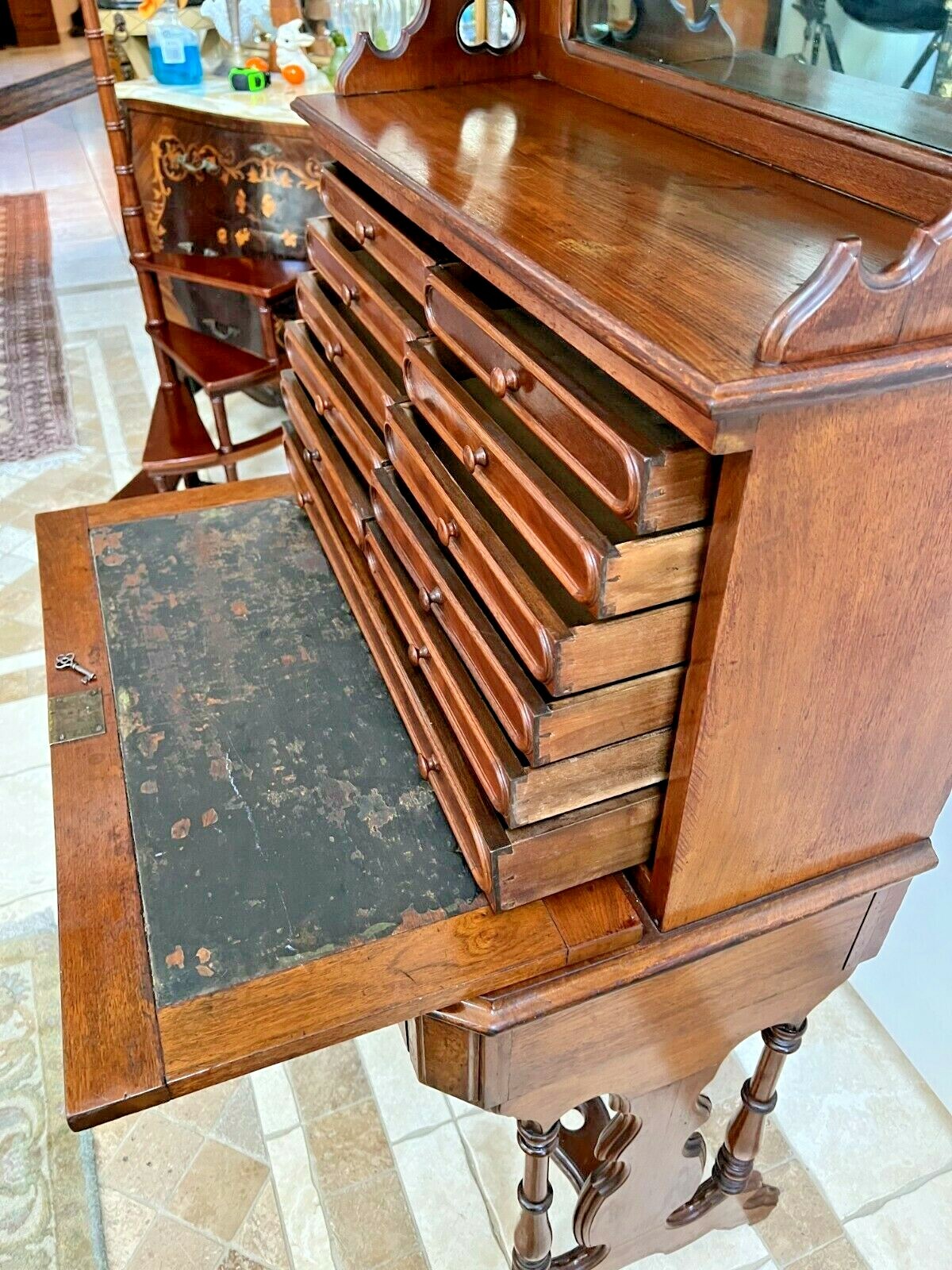 Victorian Artists Secretary Desk Organizer Mirror Top Shelves Locking ...