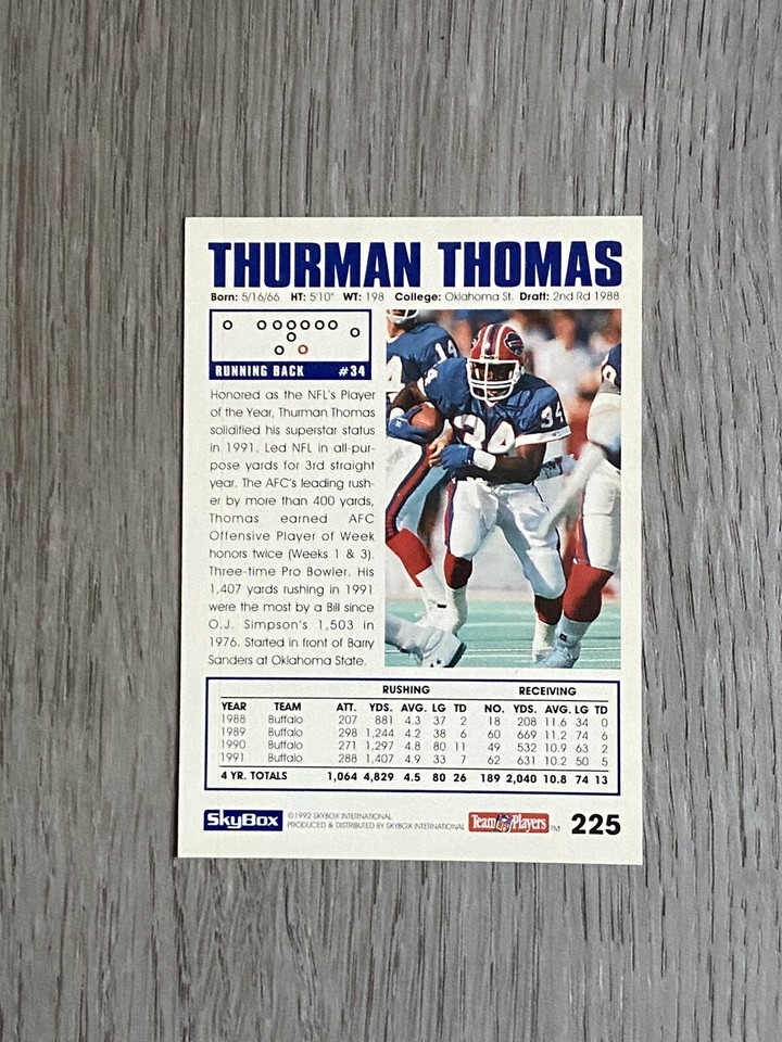 1992 NFL Skybox Impact Football | Thurman Thomas | #225 | Buffalo Bills ...