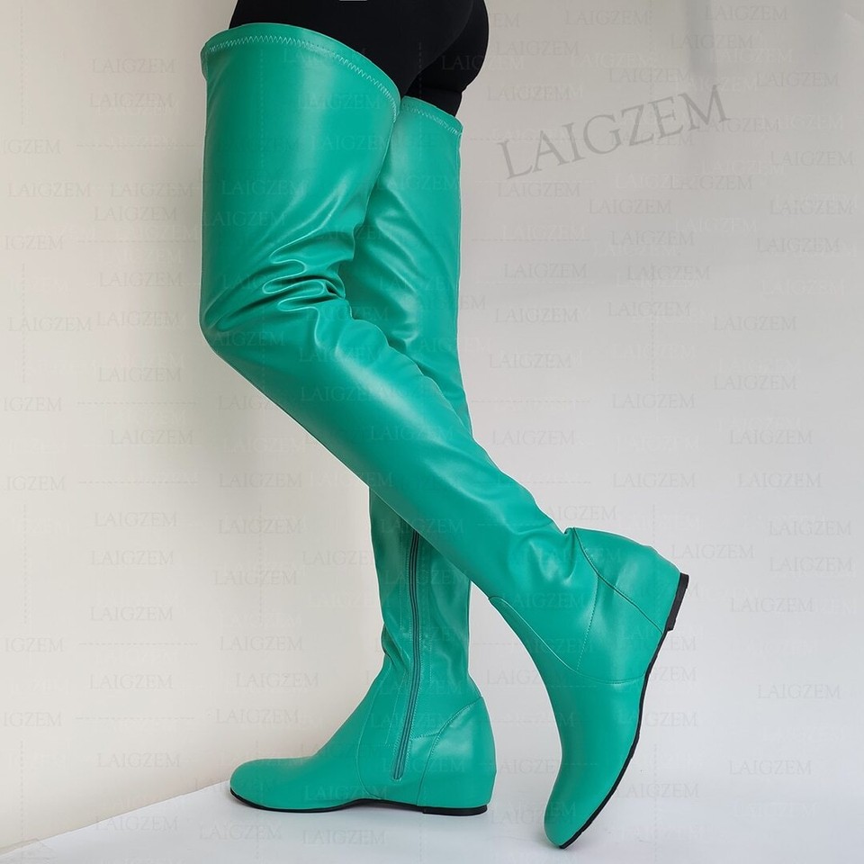 Women Thigh High Boots Faux Leather Round Toe Side Zip Mid Hidden Heels ...