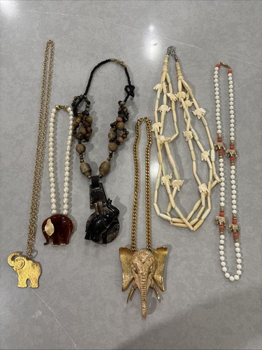 Lot Elephant Wooden Beaded Safari Pendant Chain Statement Necklaces 6 ...