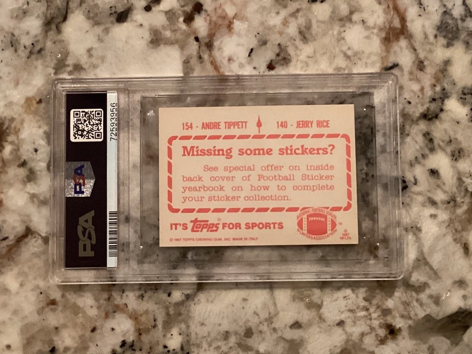 JERRY RICE 2nd Year & ANDRE TIPPETT PSA 7 RARE 1987 TOPPS STICKERS #140 ...