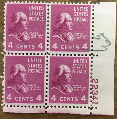 4 block of 4¢ James Madison postage stamps. Good NH. Scott #808 | eBay