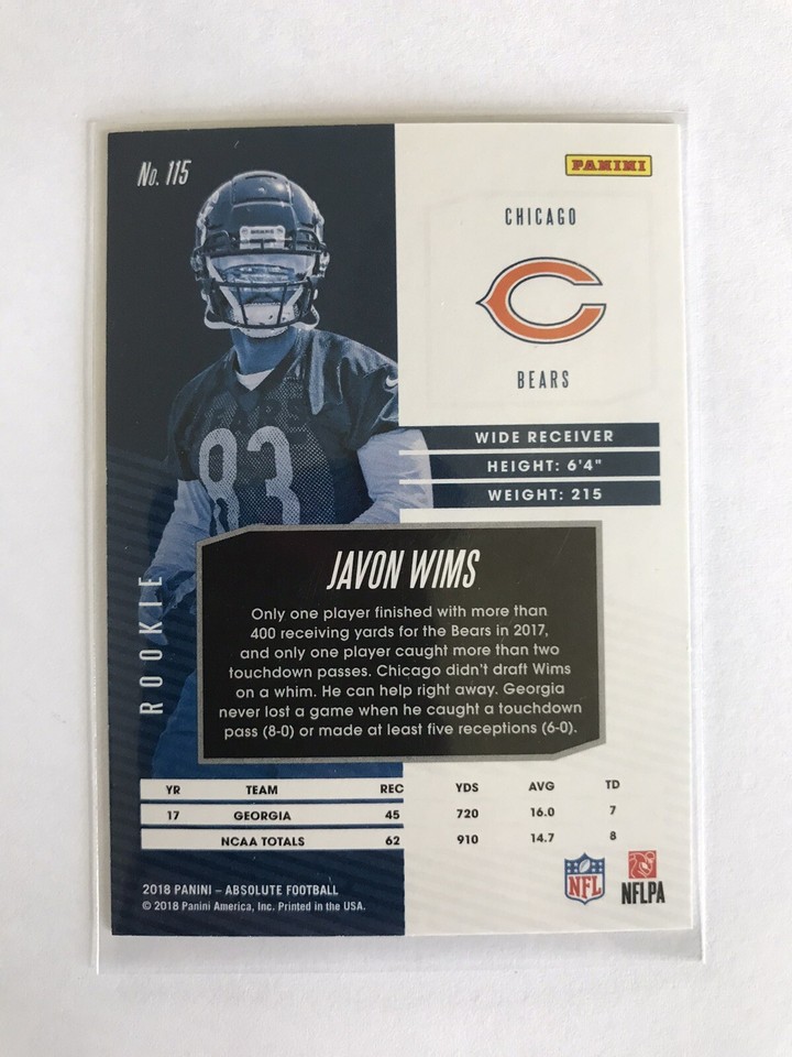2018 Panini Absolute Javon Wims /65 RC Orange Parallel Chicago Bears ...