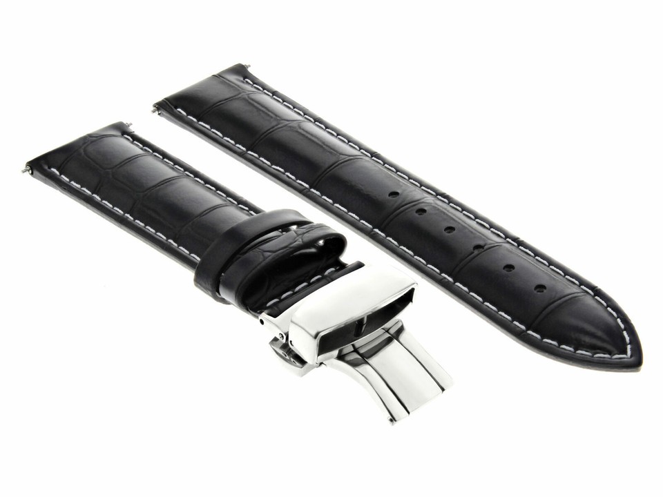 24MM LEATHER STRAP BAND FOR LONGINES WATCH + DEPLOYMENT CLASP BLACK WS ...