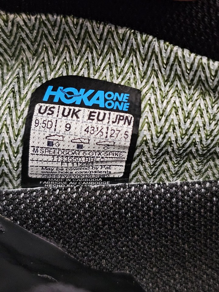 Hoka Speedgoat 5 GTX Spike Gore-Tex Black Hiking Trail Shoes Men's 9.5D ...