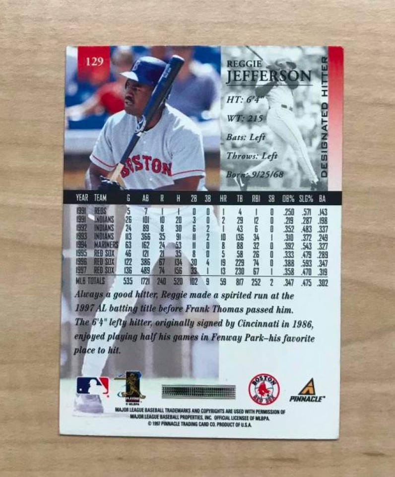 REGGIE JEFFERSON BOSTON RED SOX SIGNED AUTOGRAPHED 1998 PINNACLE CARD ...