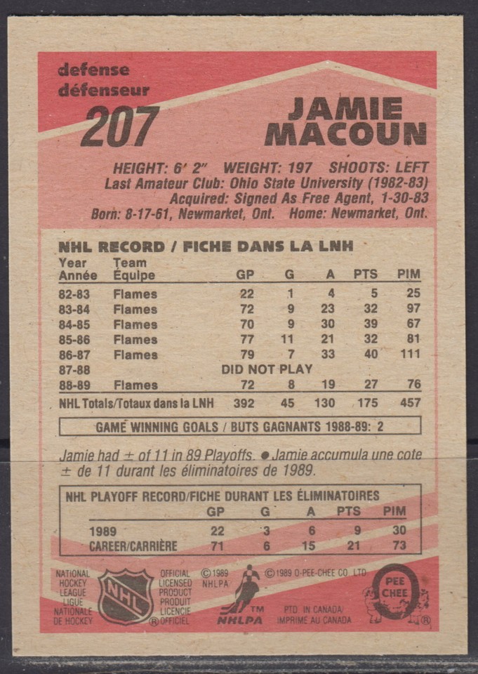1989-90 Jamie Macoun Calgary Flames O-Pee-Chee Hockey Card #207 | eBay
