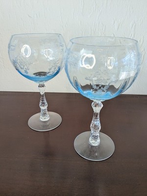 * 2 Fostoria Magnum ~ Blue Navarre ~ Etched Crystal Wine Thanksgiving ...