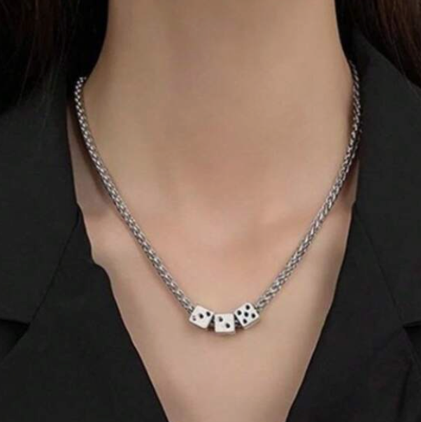 Rolling Spinning Roll Dice Silver Dice Pendant Braided Chain Necklace ...