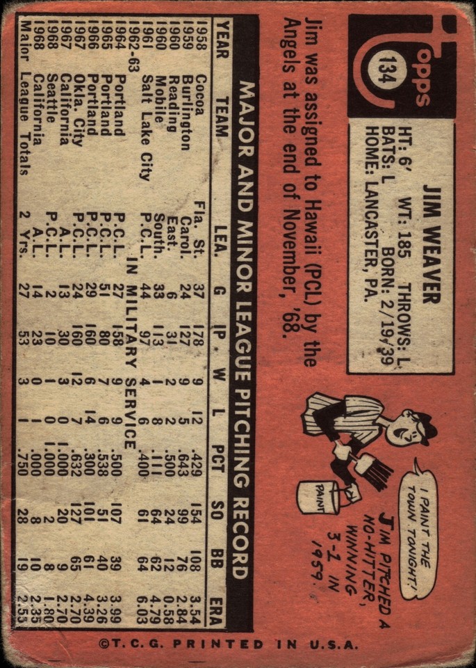 1969 Topps #134 Jim Weaver low grade creased | eBay