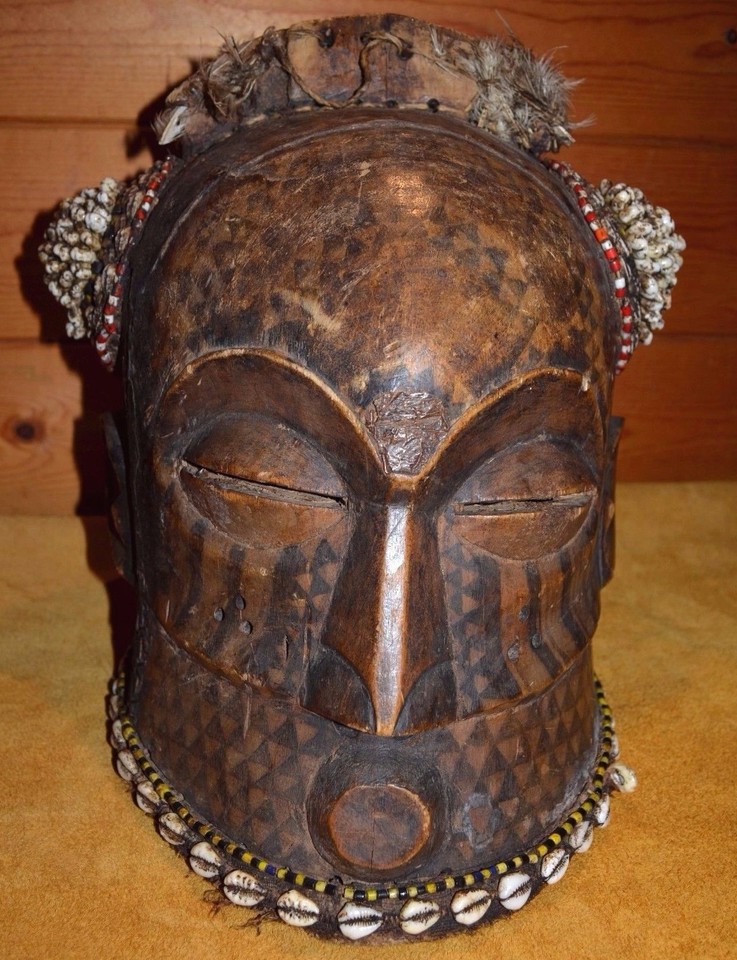 Antique African Kuba Tribe Rare Bongo Helmet Mask Cowrie Shells - Congo ...