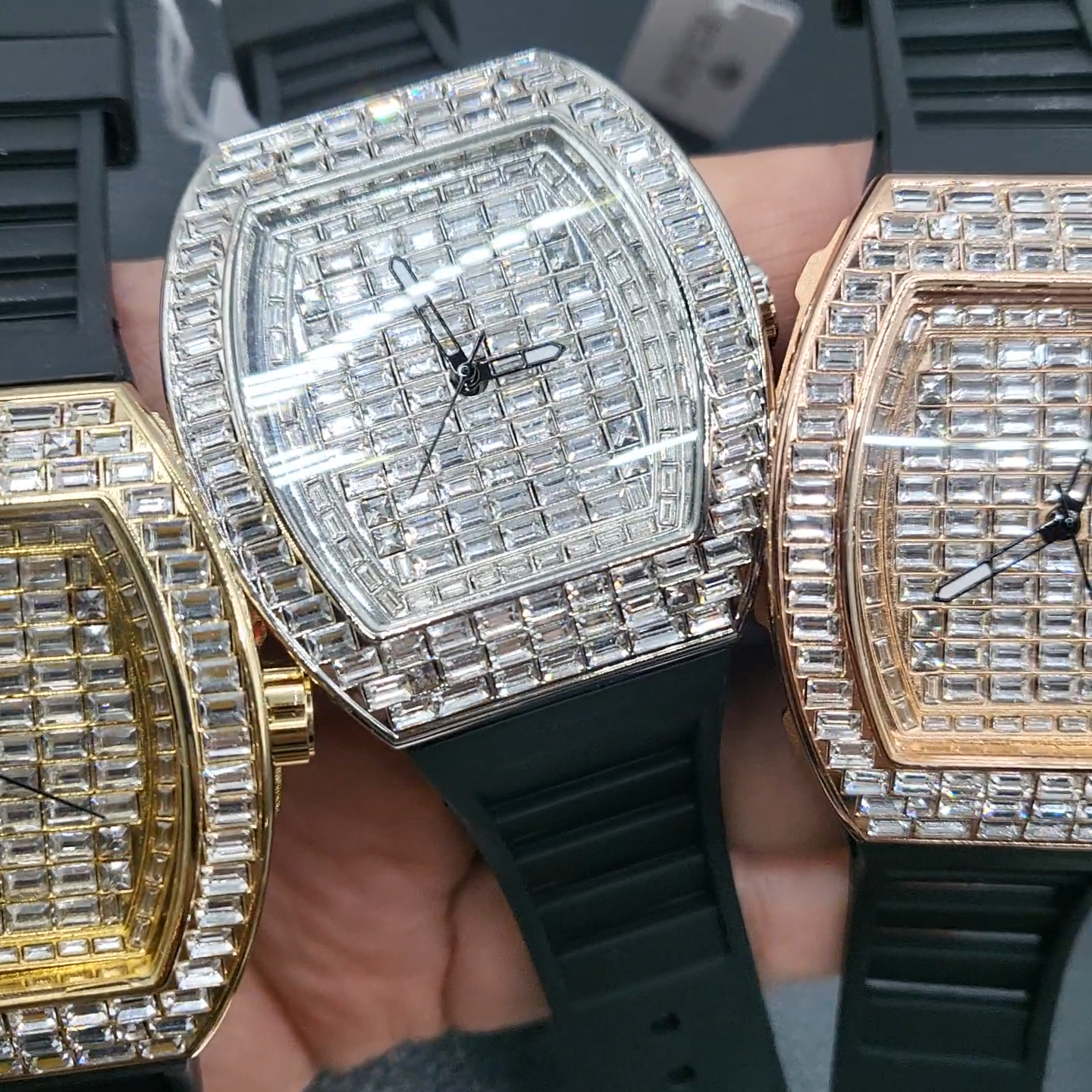 Men Luxury Watch Iced Bling Rapper Baguette Stone Silicone Band Fashion ...