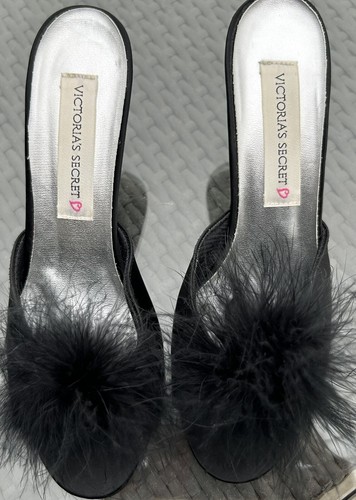 VICTORIA'S SECRET Vintage Marabou Peep Toe MULES Satin Slippers Heels ...