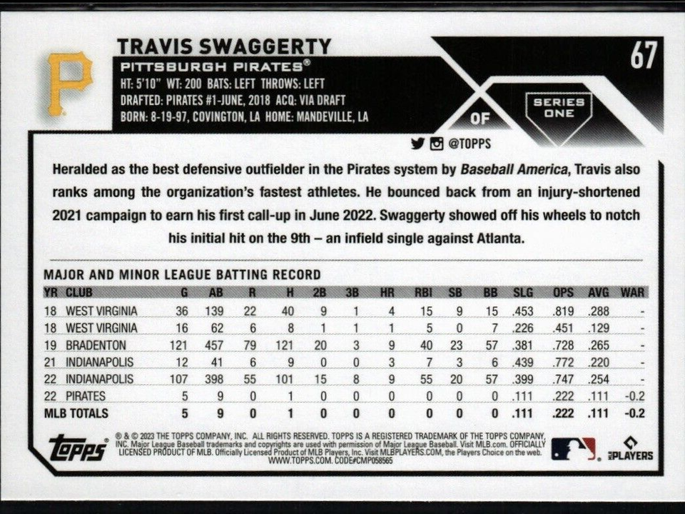 TRAVIS SWAGGERTY Rookie Topps Series One Baseball RC #67 2023 ...