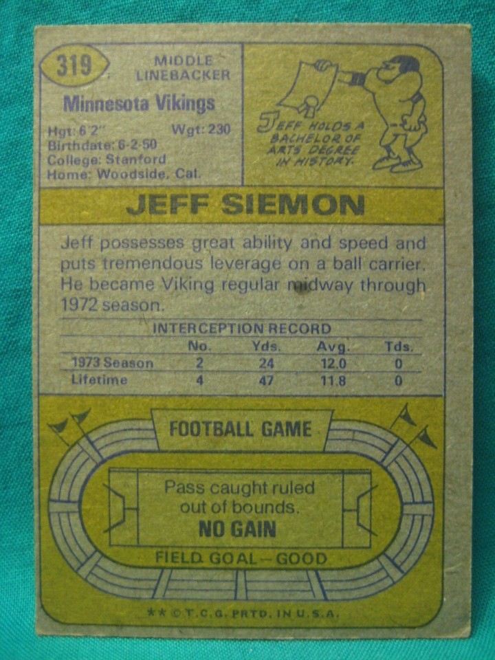 1974 Topps #319-Jeff Siemon-Minnesota Vikings | eBay