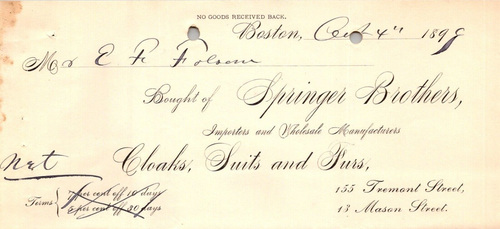 1899 SPRINGER BROTHERS CLOAKS SUITS FURS IMPORTERS WHOLESALE MFR BOSTON ...