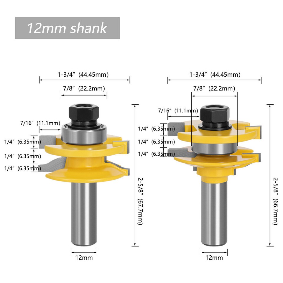 12mm 1/2 Shank Rail & Stile Joint Router Bits Set Tongue&Groove Cutter ...