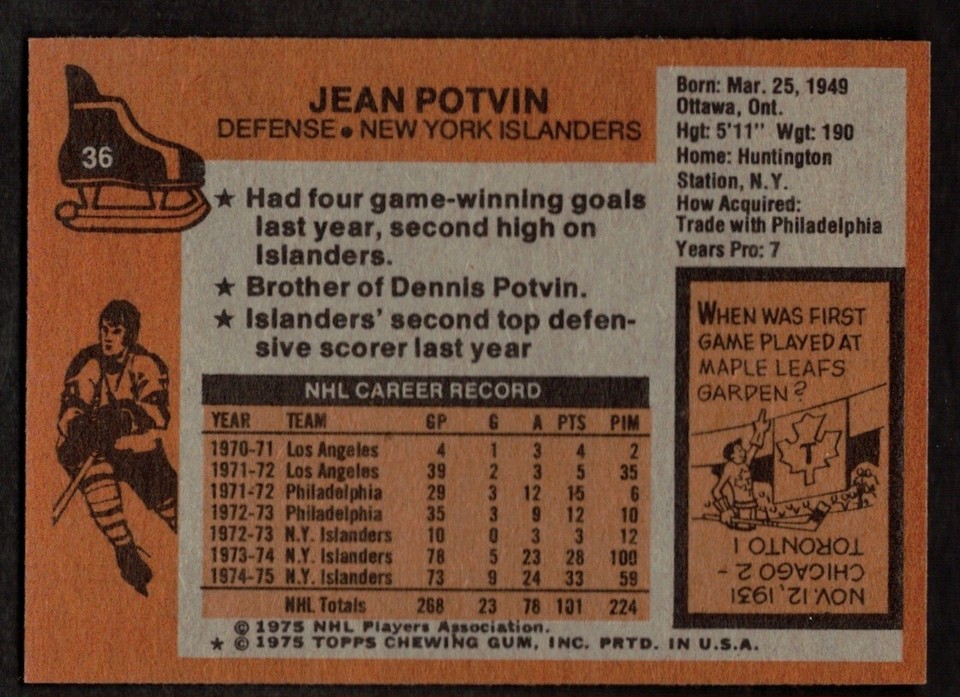 1975-76 Topps Jean Potvin #36 New York Islanders | eBay