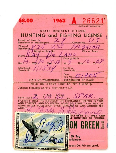 Vintage 1962 Hunting and Fishing License. $3 Duck Stamp Washington ...