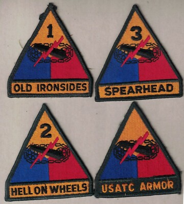 4 MILITARY SPEARHEAD, USATC ARMOR, HELL ON WHEELS, OLD IRONSIDES PATCH ...